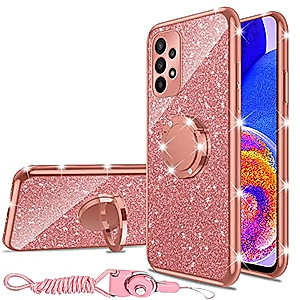 nancheng for Galaxy A23 5G Case, Case for Samsung A23 5G Girls Women Glitter Cute Soft TPU Cover with Ring Kickstand Strap Lanyard Bumper Shockproof Protective Cell Phone Case for A23 5G - Rose Gold