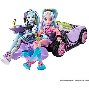 Monster High Toy Car, Ghoul Mobile with Pet & Cooler Accessories, Purple Doll-Sized Convertible with Spiderweb Details