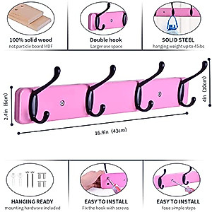 Wall Mounted Coat Rack Ethuh Rustic Wall Hook Solid Wood Hat Hanger Entryway Hanging Coat Rack4 Silver Metal for Entryway, only 1screws to Hold The Hooks Rack (Pink Black)