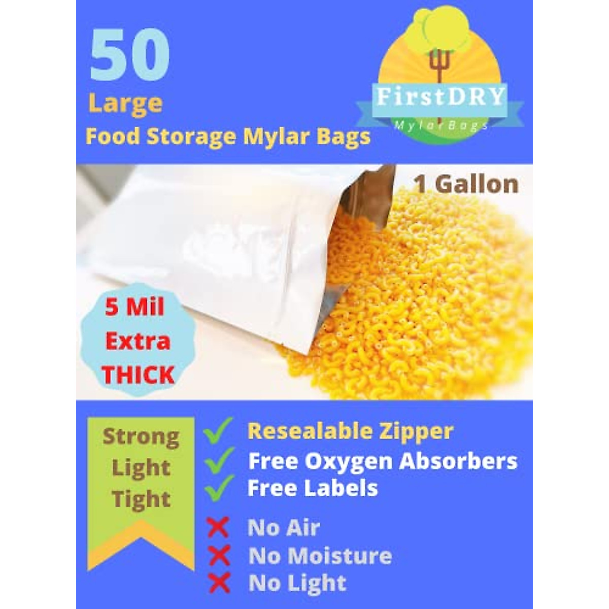 50 x FirstDRY 1 Gallon Mylar Bags - Extra Thick 10 Mil (5 Mil each side), 55 x 400cc Oxygen Absorbers , 50 x Labels - Airtight Vacuum Heat Sealable or Zipper Resealable, Food Safe, Reliable Long Term Food Storage Solution - Aluminum