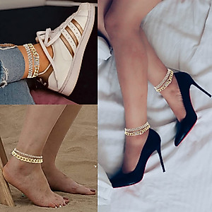 Impurain Bling Tennis Anklet Bracelet for Women Layered Link Chain Anklet Beach Shiny Rhinestone Ankle Jewelry (3-layer Gold)
