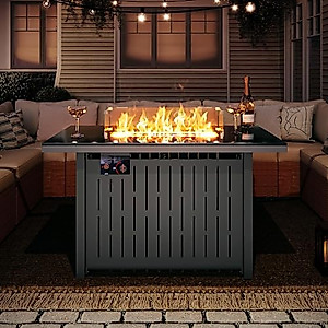 LAUSAINT HOME 43" Outdoor Fire Pit Table, 50,000 BTU Auto-Ignition Propane Gas Firepits with Glass Wind Guard, Fire Glass and Lid for Outside Patio