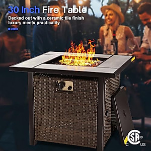 XIZZI Patio Furniture Sets 7 Pieces Outdoor Swivel Rocking Chairs with 50,000 BTU Propane Fire Pit Table All Weather PE Wicker Outside Conversation Sofa Set and Matching Side Table,Brown Wicker Beige