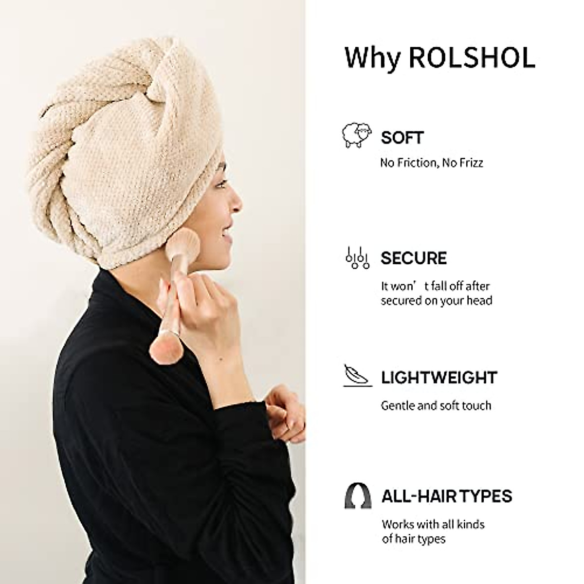 ROLSHOL Extra Large 4 Pack Microfiber Hair Towel Wrap for Women Super Absorbent & Quick Dry Hair Drying Towels with Button, Hair Turbans for Curly Hair Long & Short Hair - Anti-Frizz