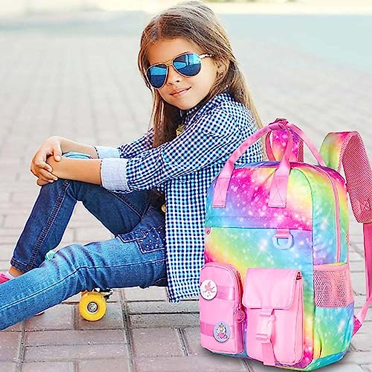 CCJPX Backpacks for Girls, 16 inch Kids Rainbow Bookbag for Elementary School Toddler Kindergarten Preschool