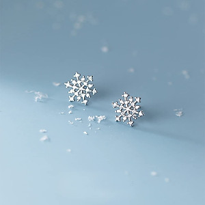Reffeer Solid 925 Sterling Silver Snowflake Earrings Studs for Women Teens Winter Snow Stud Earrings Christmas (A-Silver)