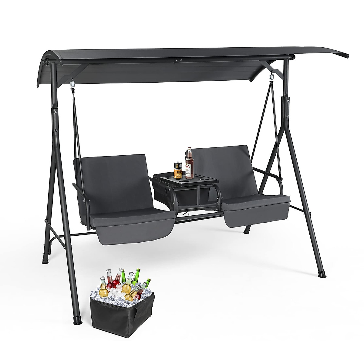 OKL 2 Seat Outdoor Patio Swing Chair, Canopy Swing with Cooler Removable Cushion and Weather Resistant Steel Frame, Hanging Porch Gray