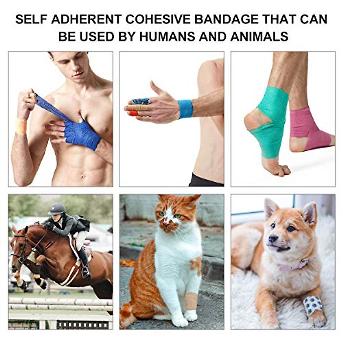 MUEUSS Self Adhesive Bandage Wrap Cohesive Bandage for Dogs Cats Horses Bandage, Pet First Aid Tape Athletic Sports Wrap Tape Non-Woven Elastic Self Adherent Wrap for Knee Ankle (2inches 6rolls)