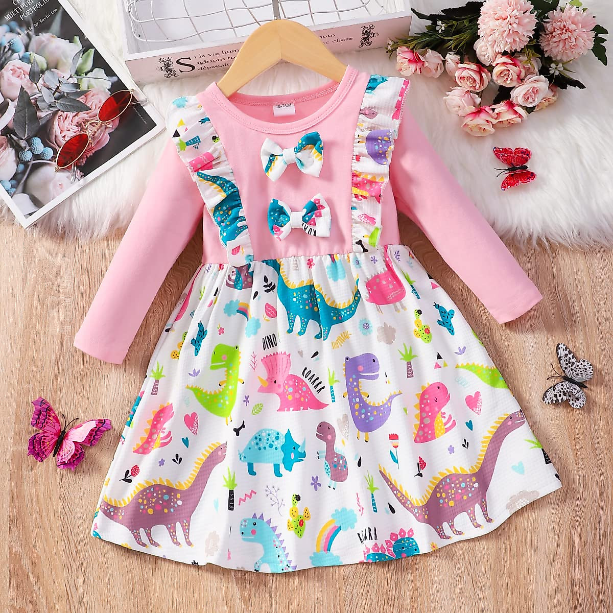 RETSUGO Baby Girl Dinosaurs Casual Splicing Ruffles Bowknot Dresses for Toddler Girls Long Sleeve Party Winter Outfits dinosaurs-1207-3T