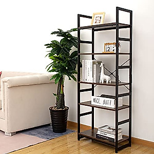 AZL1 Life Concept Bookshelf Rack 5 Tier Vintage Bookcase Shelf Organizer Modern Wood Look Accent Metal Frame Furniture Home Office,Rustic Brown