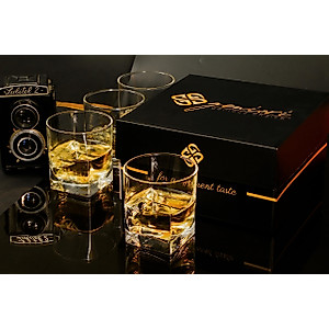 Crystal Whiskey Glasses Set of 4, Luxury Gift box set for Men, Old Fashioned 10.5 Oz Heavy Base, Bourbon Scotch Cognac Cocktail Whisky Gin Rum Liqueur Drinking Lowball Rock Tumbler Barware set