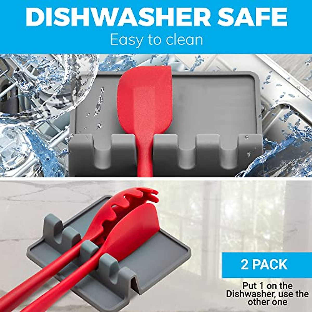 Grey Silicone Spoon holder for Stove Top with Drip Pad (Two Pack) - Heat Resistant, BPA Free Utensil Rest & Spoon Rest for Kitchen Counter - Grill Utensil Holder for Spatulas, Tongs, Ladles