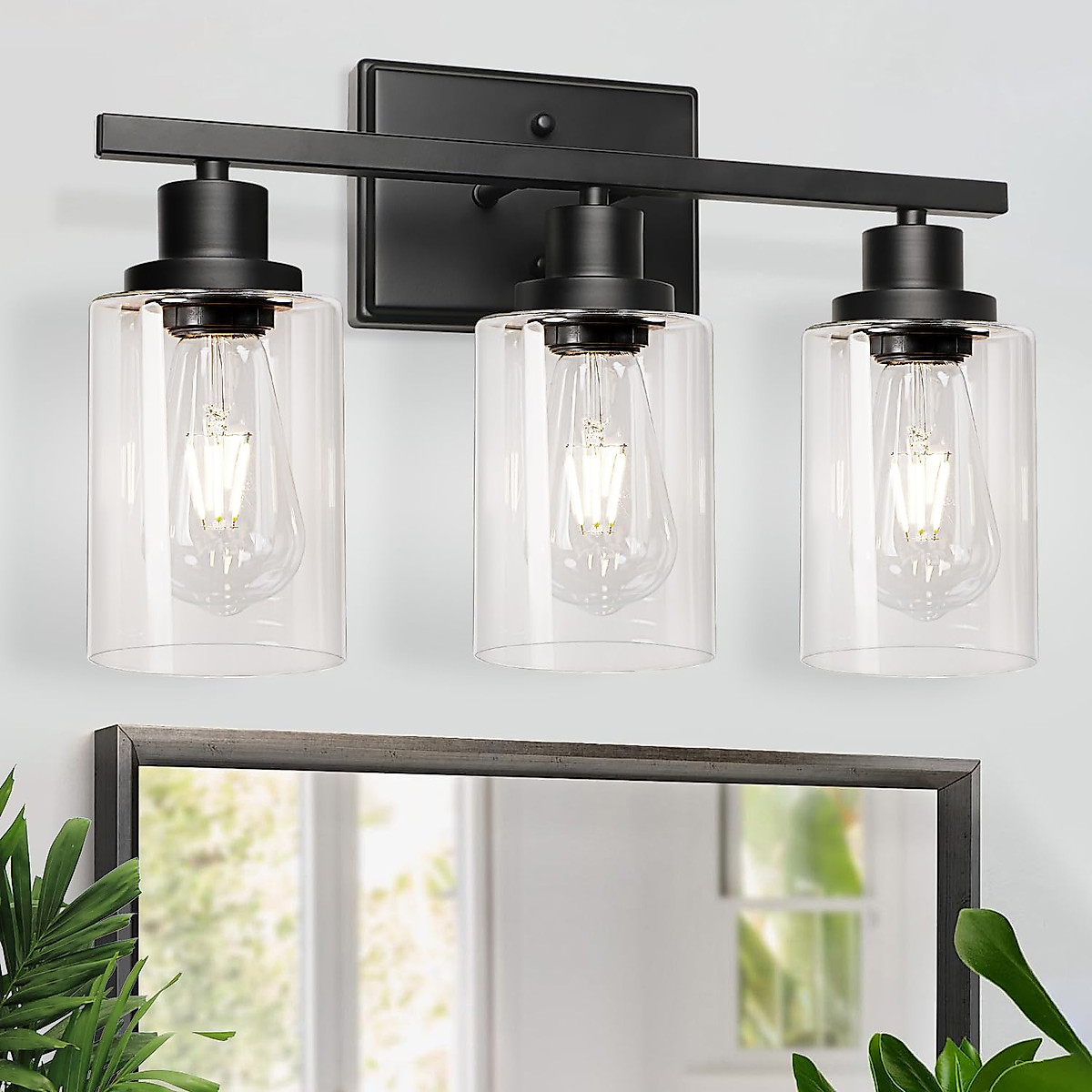 Ascher Bathroom Vanity Light Fixtures, 3 Light Wall Sconces Lighting with Clear Glass Shade, Black Wall Lights for Mirror, Kitchen, Living Room, Gallery, Hallway, E26 Base (Bulbs Not Included)