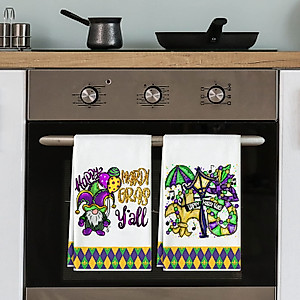 AnyDesign Mardi Gras Kitchen Dish Towel Purple Green Diamond Lattice Print Kitchen Towel 18 x 28 Inch Home Love Gnome Hand Drying Tea Towel for Carnival Cooking Baking Cleaning Wipes, 4Pcs