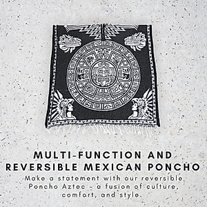 Ethnic Identity Mexican Poncho Aztec Calendar for Men and Women | Reversible Cobija Blanket for Fiesta, Outdoor Activities, Hiking,Hunting, and Camping (Black)