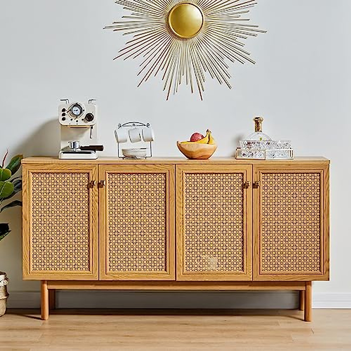 AMERLIFE 63" Sideboard Buffets Cabinet, 2-Adjustable Shelves Sideboard with 4 Doors, Large Accent Storage Credenzas for Living Room, Dining Room, Bedroom, Natural