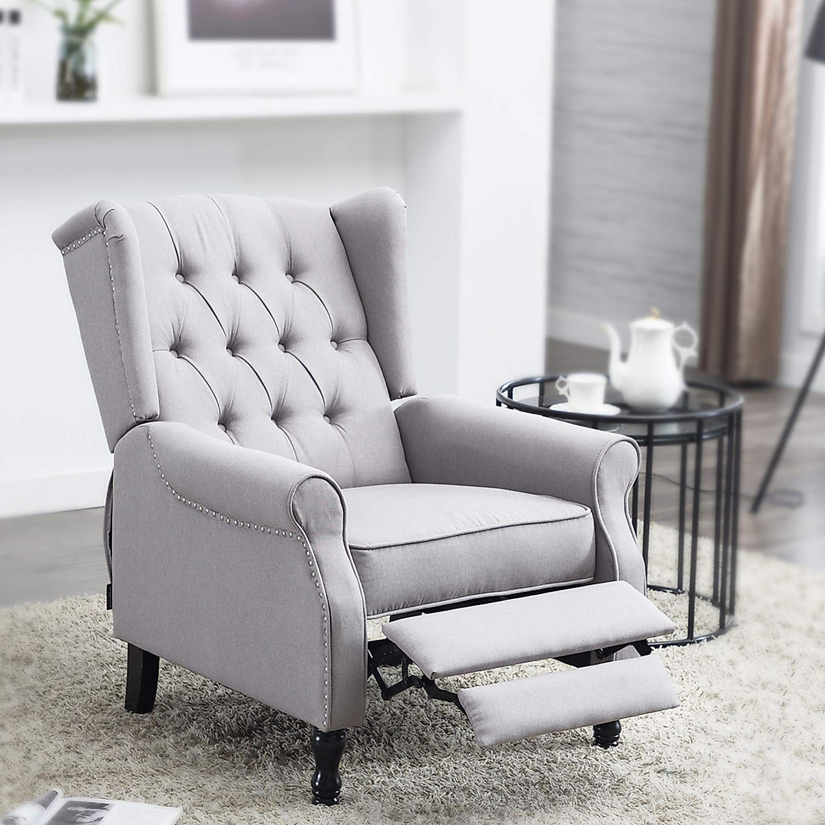 Artechworks Tufted Fabric Push Back Arm Chair Recliner Single Reclining Fabric for Adjustable Club Chair Home Theater Padded Seating Living Room Lounge Modern Sofa Grey