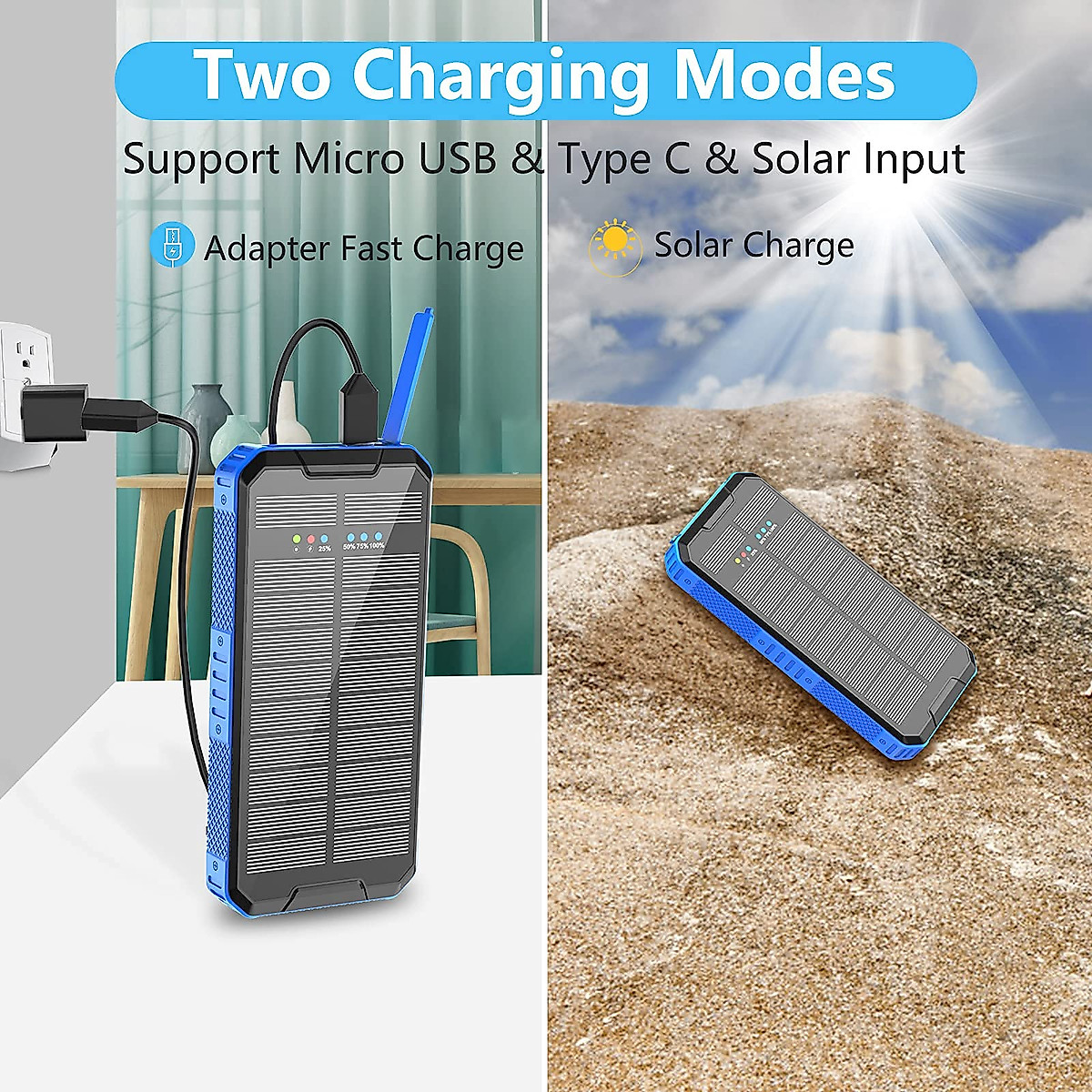 ANYFONG Solar Power Bank, 30000mA PD20W QC3.0 USB C Fasting Charging Solar Charger 10W Wireless Portable Phone Charger Power Bank, Battery Charger with Camping Light