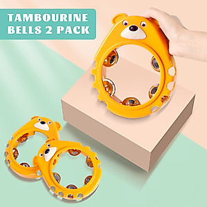 YONTY Hand Tambourine Bells, 2 Pack Yellow Bear Plastic Musical Percussion, Cartoon Pattern Kids Tambourines Rhythm Toys, Lovely Jingles Music Instrument for Christmas Birthday Gift