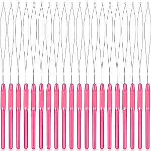 20 Pieces Hair Extension Loop Needle Threader Pulling Hook Needle Bead Device for Hair or Feather Extensions Supplies, DIY Hook Tool Loop Tools(Pink)