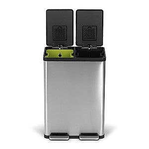 SIMPLI-MAGIC 60 Liter / 16 Gallon Rectangular Hands-Free Dual Compartment Recycling Kitchen Step Trash Can with Soft-Close Lid, Brushed Stainless Steel