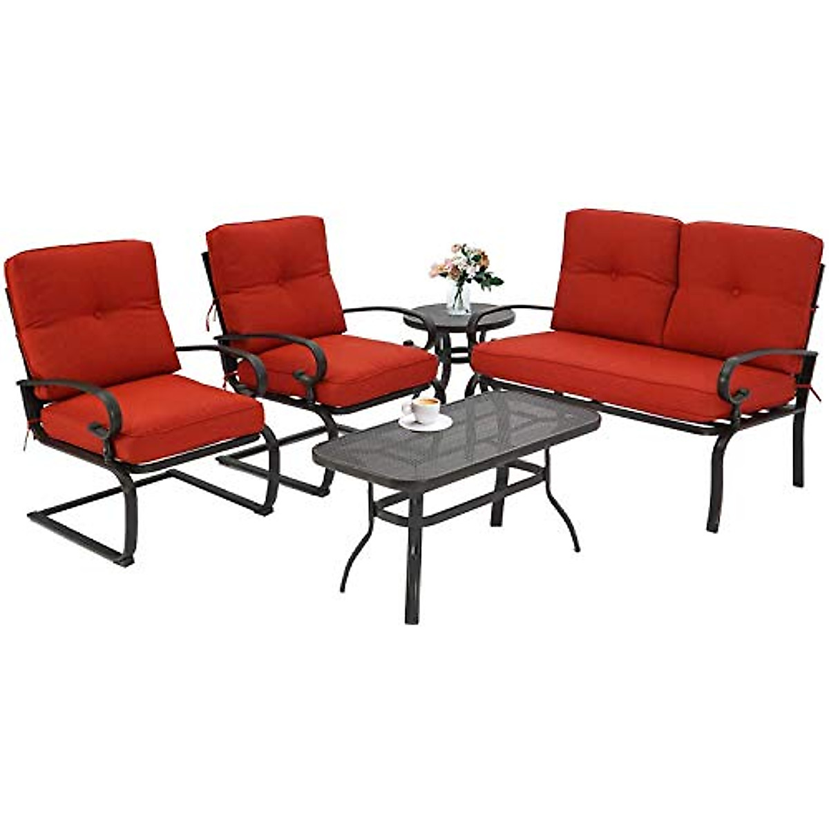 Patiomore 5 Pcs Outdoor Patio Furniture Conversation Sets, Wrought Iron Patio Chairs Bistro Set w/Loveseat, 2 Spring Chairs, and 2 Bistro Tables (Red Cushion)