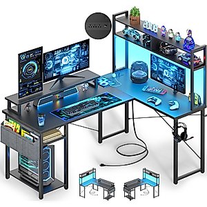 Besiost Small L Shaped Desk Gaming Desk with Power Outlets, 48" Reversible L Shaped LED Computer Desk with Monitor Stand & Storage Shelf, Corner Gamer Desk Home Office Desk with Storage Bag, Black