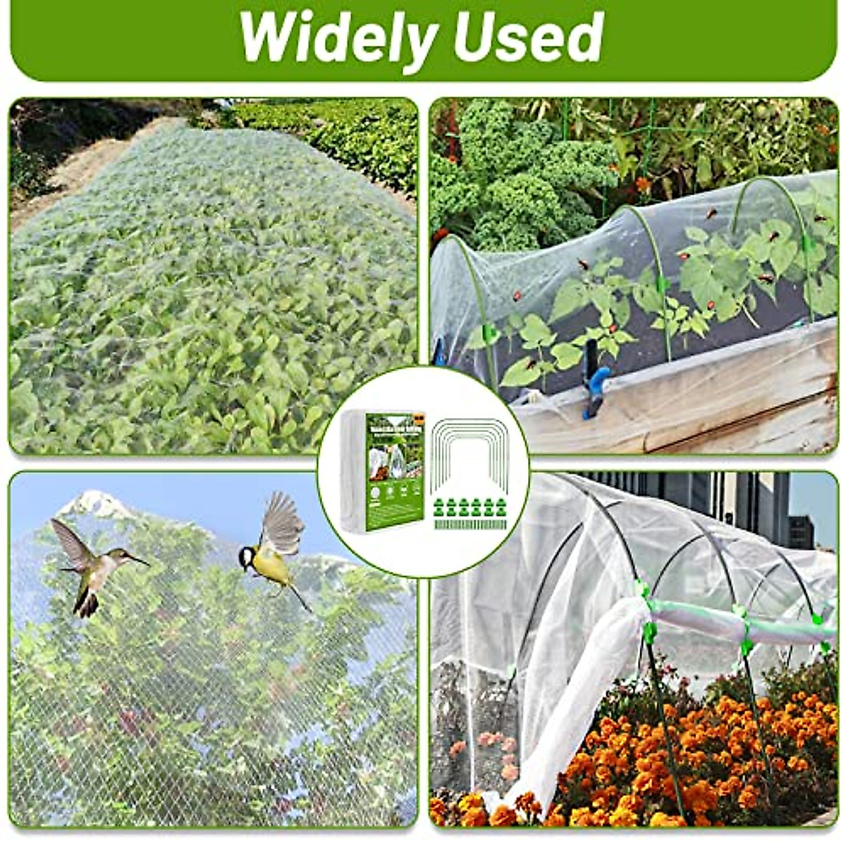 Cludoo 67pcs Garden Mesh Netting Kit,6 Sets Wide Garden Hoops with 10x20 ft Garden Covers Bird Netting& 12 Clips, Garden Protection for Raised Beds Greenhouse Vegetable Plants Flowers Animals