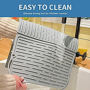 Yatmung Collapsible Silicone drying mat for Kitchen Counter - Non-Slip dish drying pad with hook and retaining band - Foldable design ( 24" x 13" ) to（ 8" x 13" ）- Large rubber rack mat（ Grey ）