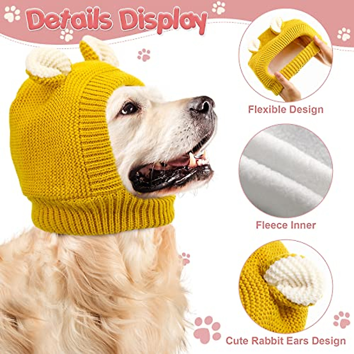 Quiet Ears for Dogs, Dog Ear Muffs Noise Protection Knitted Dog Hats Pet Ears Warm Dog Ear Cover Winter Hat Dog Snood Head Wrap Bunny Costume for Medium to Large Dogs Cats Pets (Yellow)