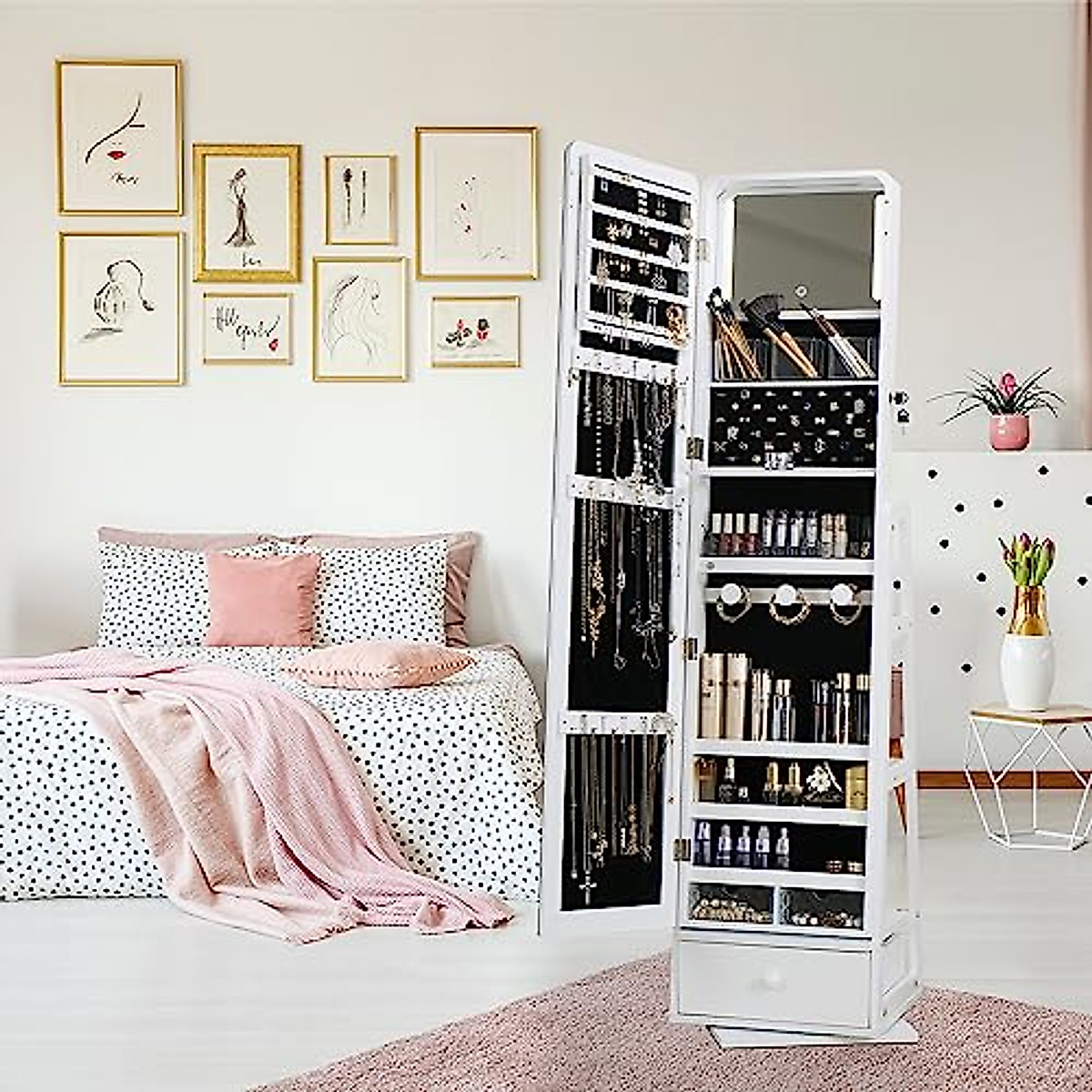 MASMIRE 360 Swivel Full Length Mirror With Storage & Built-In Light, 63.7'H Mirror Jewelry Cabinet Standing With 3 Drawers - Lockable Jewelry Armoire With 3 Storage Racks - White
