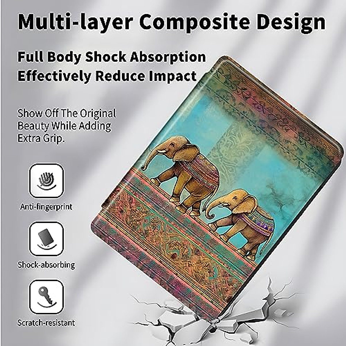 for Samsung Galaxy Tab S8 Plus 2022/S7 FE 2021/S7 Plus 2020 12.4 Inch Case, 360 Degree Rotating Cover,PU Leather Folding Stand Cover with Auto Wake/Sleep,Mural Elephant