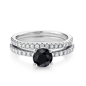 Gem Stone King 925 Sterling Silver Black Sapphire and White Moissanite Wedding Engagement Band Bridal Set Ring For Women (1.64 Cttw, Gemstone September Birthstone, Available In Size 5, 6, 7, 8, 9)