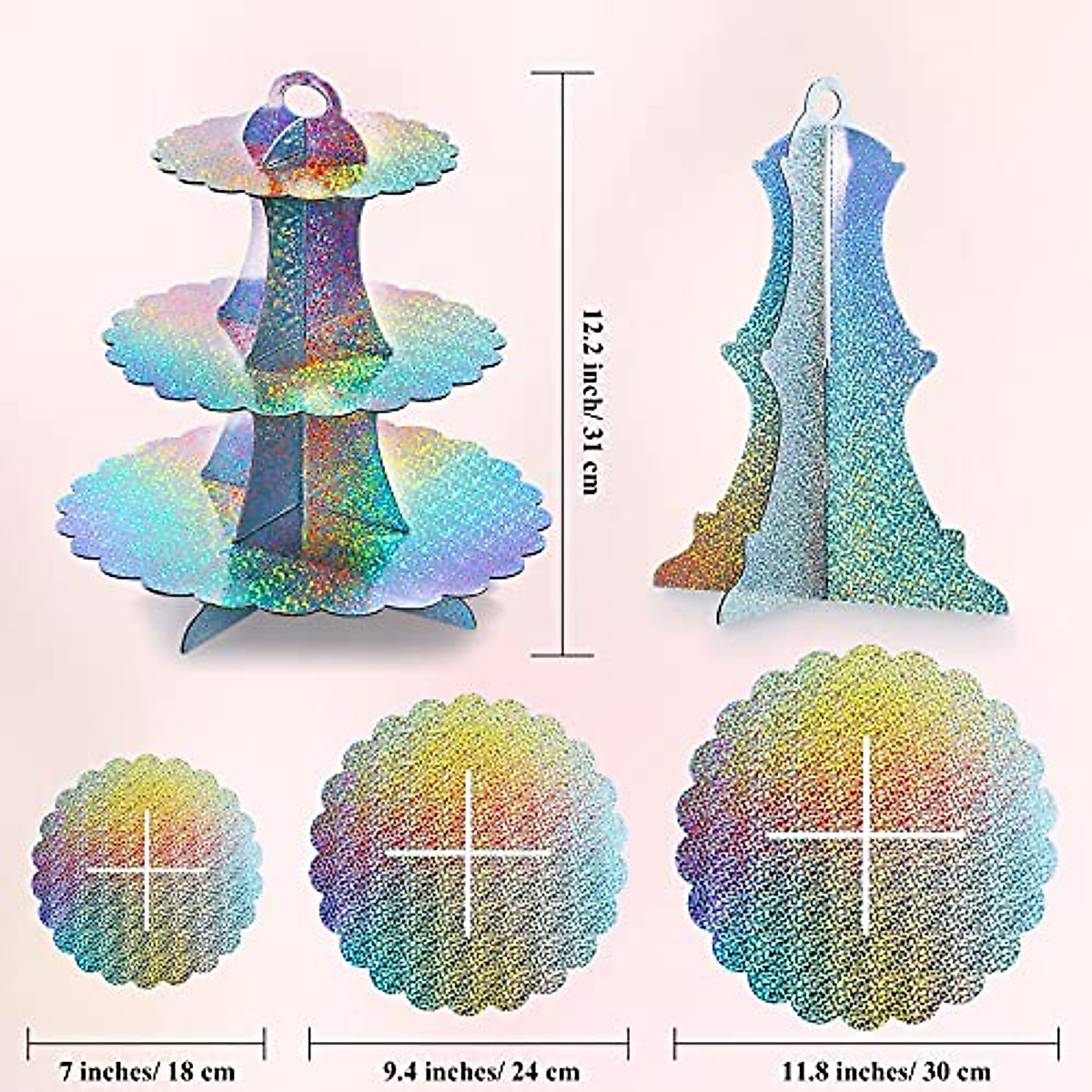 2 Pieces 3-Tier Round Cupcake Stand Rainbow Cardboard Cupcake Stands with 10 Pieces Cupcake Wrappers Dessert Tower Pastry Display Stand Set for Baby Shower Wedding Birthday Party