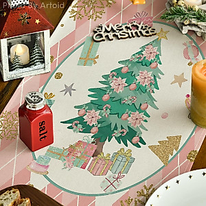 Artoid Mode Pink Diamond Plaid Nutcracker Snowflake Christmas Table Runner, Seasonal Winter Kitchen Dining Table Decoration for Home Party Decor 13x72 Inch