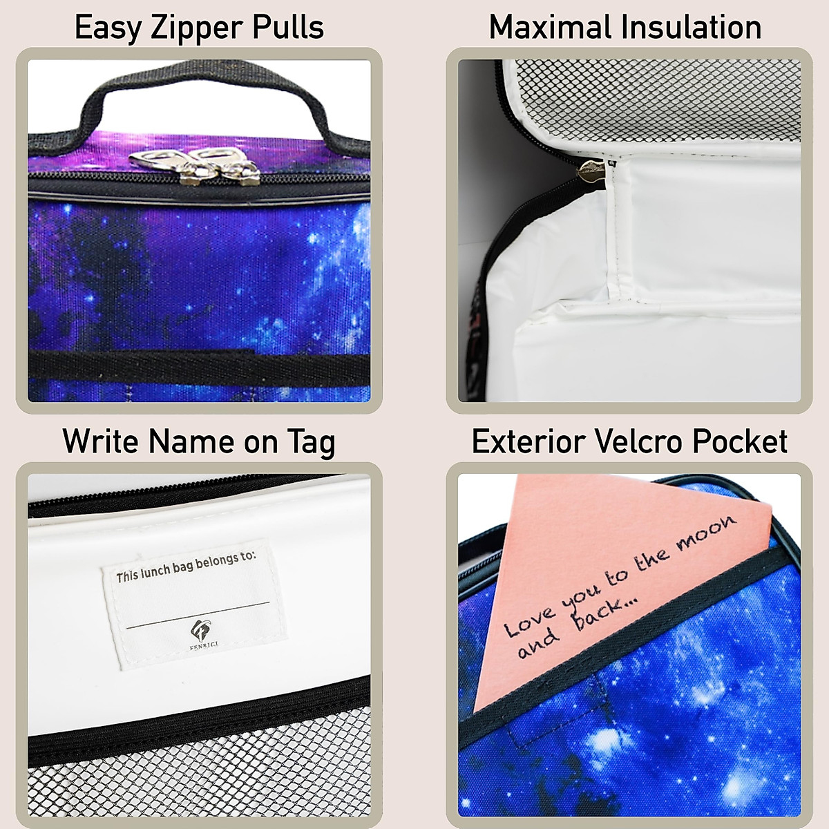 Fenrici Kids' Backpack with Lunch Box Gift Set for Boys and Girls, School Bag with Laptop Compartment and Insulated Lunch Bag, Galaxy Purple