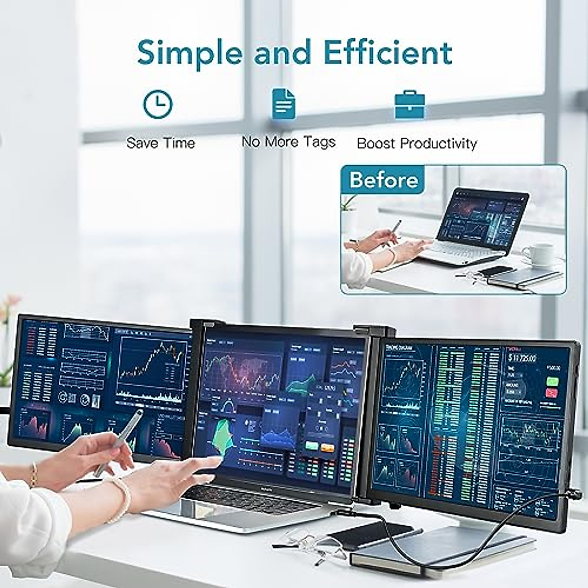 FOPO 15-inch Laptop Monitor Extender, 1080P Full HD Triple Portable Monitor with USB-C/HDMI, Plug and Play Dual Monitor for 15-17.3" Laptop with Windows/Mac(Only for M1 Max/M1 Pro)/Switch - S17