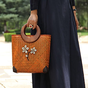 QTKJ Straw Bag for Women, Summer Beach Handmade Rattan Tote Bag, Round Wooden Handle, Boho Retro Straw Woven Handbag, Large Beach Vacation Bag (Yellow)