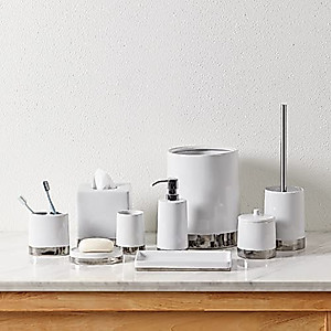 Motifeur Bathroom Accessories Set, 5-Piece Ceramic Bath Accessory Complete Set with Lotion Dispenser/Soap Pump, Cotton Jar, Soap Dish, Tumbler and Toothbrush Holder (White and Silver)