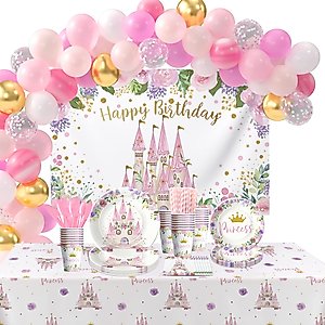 HIPVVILD Princess Birthday Decorations - Princess Birthday Party Supplies, Plate, Cup, Napkin, Balloon Arch, Backdrop, Tablecloth, Cutlery, Princess Party Decorations Tableware Supplies | Serve 24