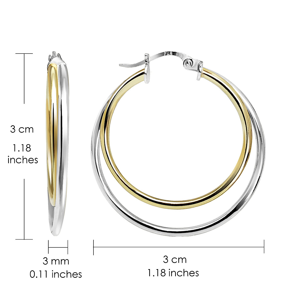 Sterling Silver Two-Tone Double Circle Round-Tube Polished Hoop Earrings, 30mm