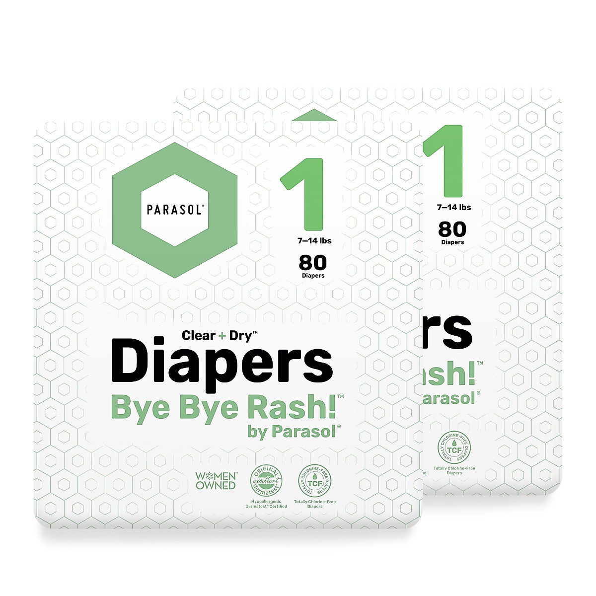 PARASOL Clear+Dry Disposable Diapers, RashShield Protection, Leakproof Design, Hypoallergenic, Size 1 (7-14 lbs), 160 Count