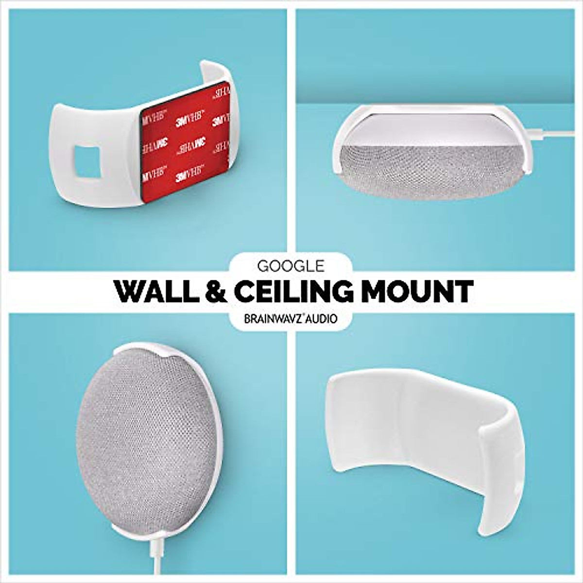 Screwless Wall & Ceiling Mount for Google Home Mini, Stick On Holder - Easy Install, No Tools, by Brainwavz (GMN01) (White)