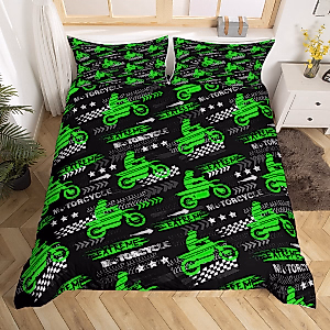 Motorcycle Racing Kids Duvet Cover Set Full Size,Motorbike Extreme Sports Games Bedding Set,Girls Boys Adults Room Decor,Race Flag Black White Comforter Cover,Green Bright Quilt Cover,2 Pillowcases