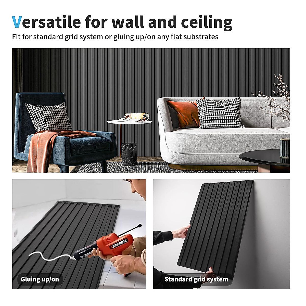 Art3d 12 Pack 2ft x 4ft Drop Ceiling Tiles in Black, Slat Design 3D Wall Panels for Interior Wall Decor 24in x 48in