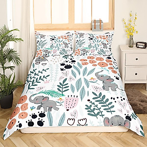 Erosebridal Kawaii Elephant Bedding Set,Cartoon Elephant Duvet Cover Twin,Cute Love Heart Leaf Flower Comforter Cover for Kids Girls Boys,Paw Print Animals Bed Set with 1 Pillow Case