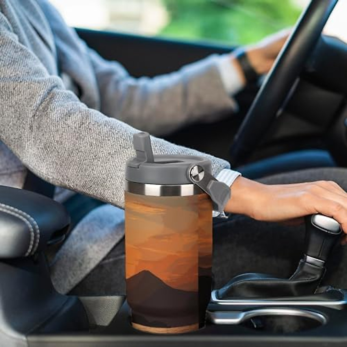 Mountain And Water at Sunset 30oz Stainless Steel Insulated Tumbler with Straw & Foldable Handle - Leakproof, Double-Wall Vacuum Travel Thermos for Hot/Cold Drinks, Non-Slip Base, Fit Cup Holders