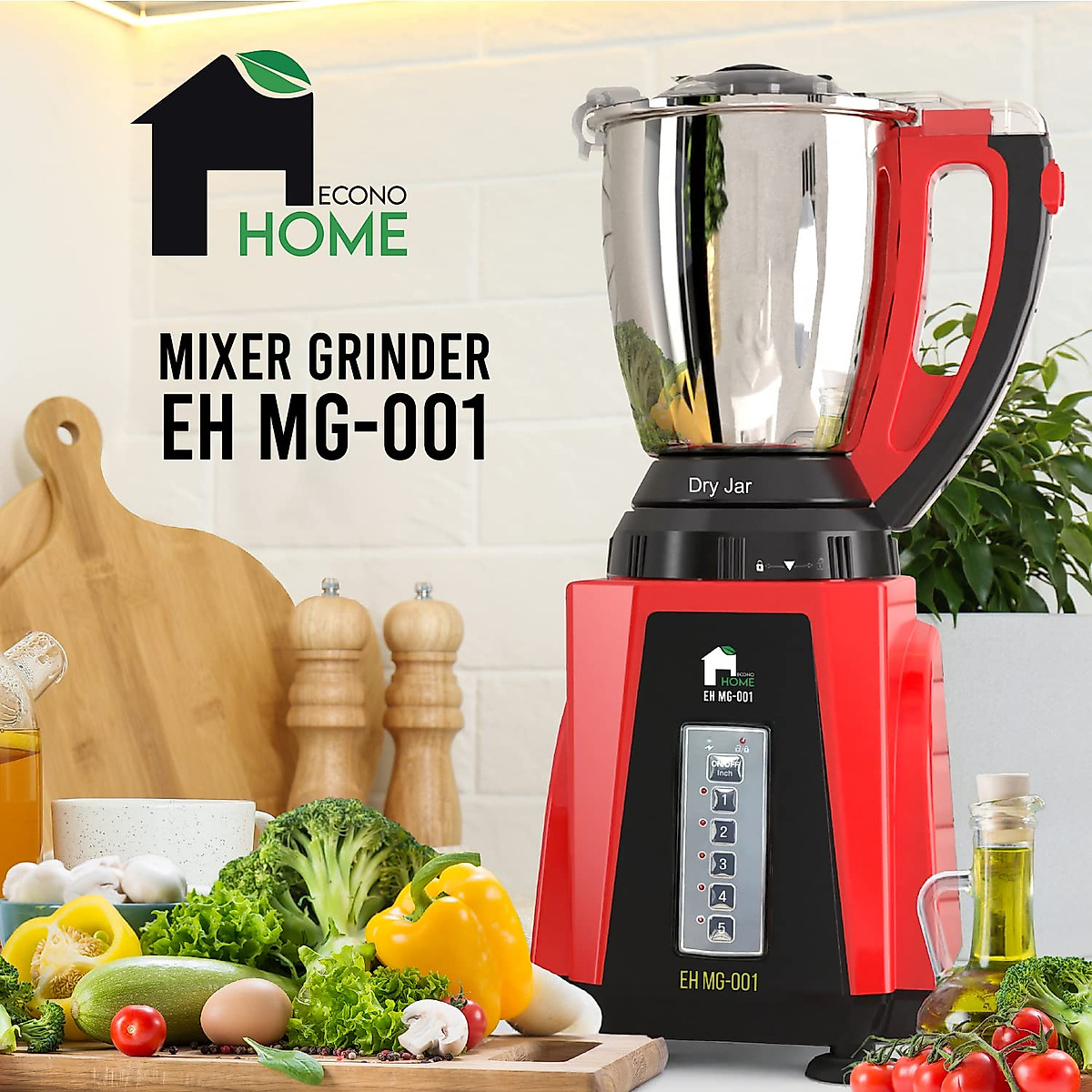 EconoHome Mixer Grinder - Electric Mixer Grinder for Asian Cooking, Food Prep - Includes Liquidizing Jar, Dry & Wet Grinder Jar, Chutney Jar, Lids & Spatula - 750W Motor, Stainless Steel 304 Blades