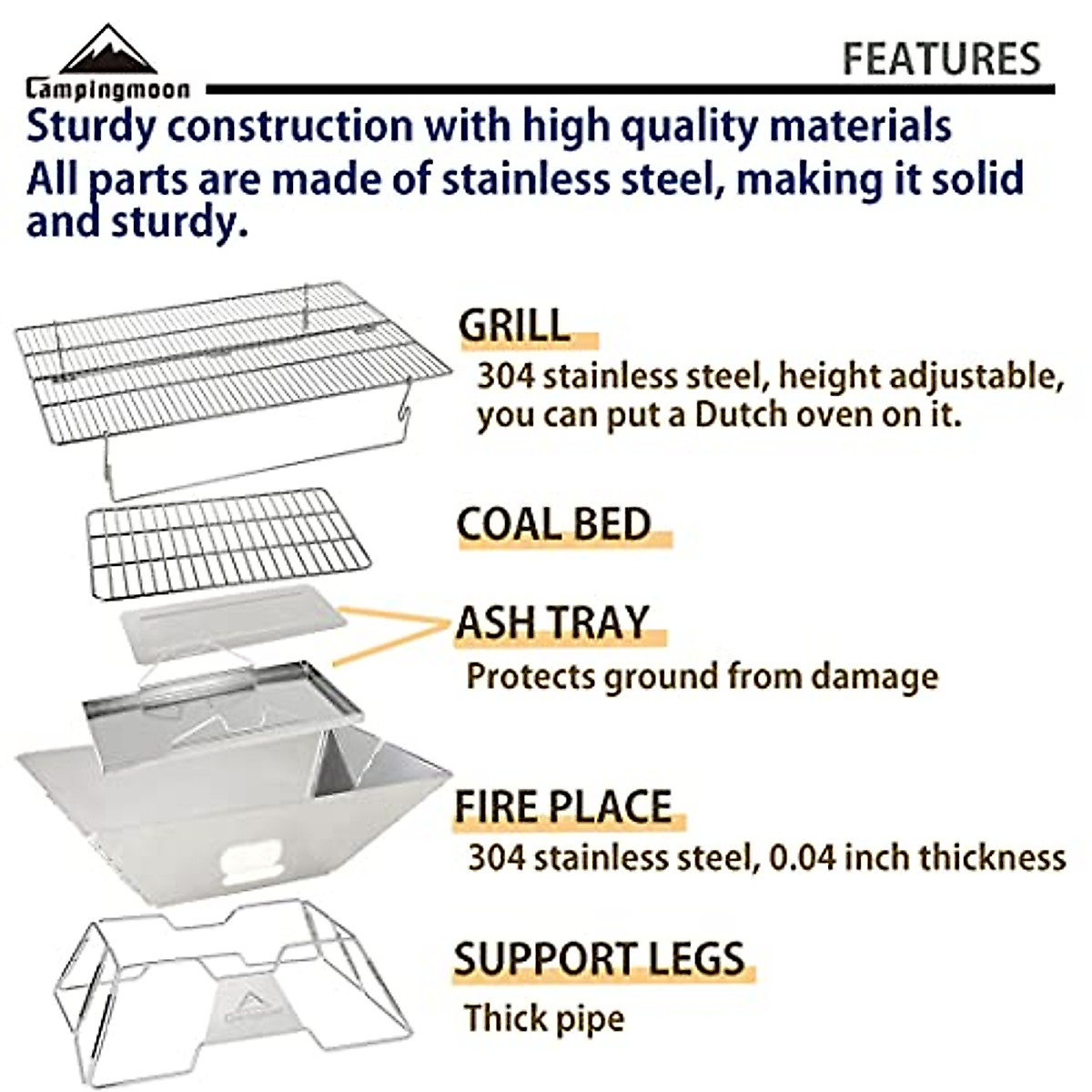 CAMPINGMOON Stainless Steel Portable Camping Fire Pit Foldable Wood Burning Charcoal Grill 20x13-inch with Carrying Bag MT-3