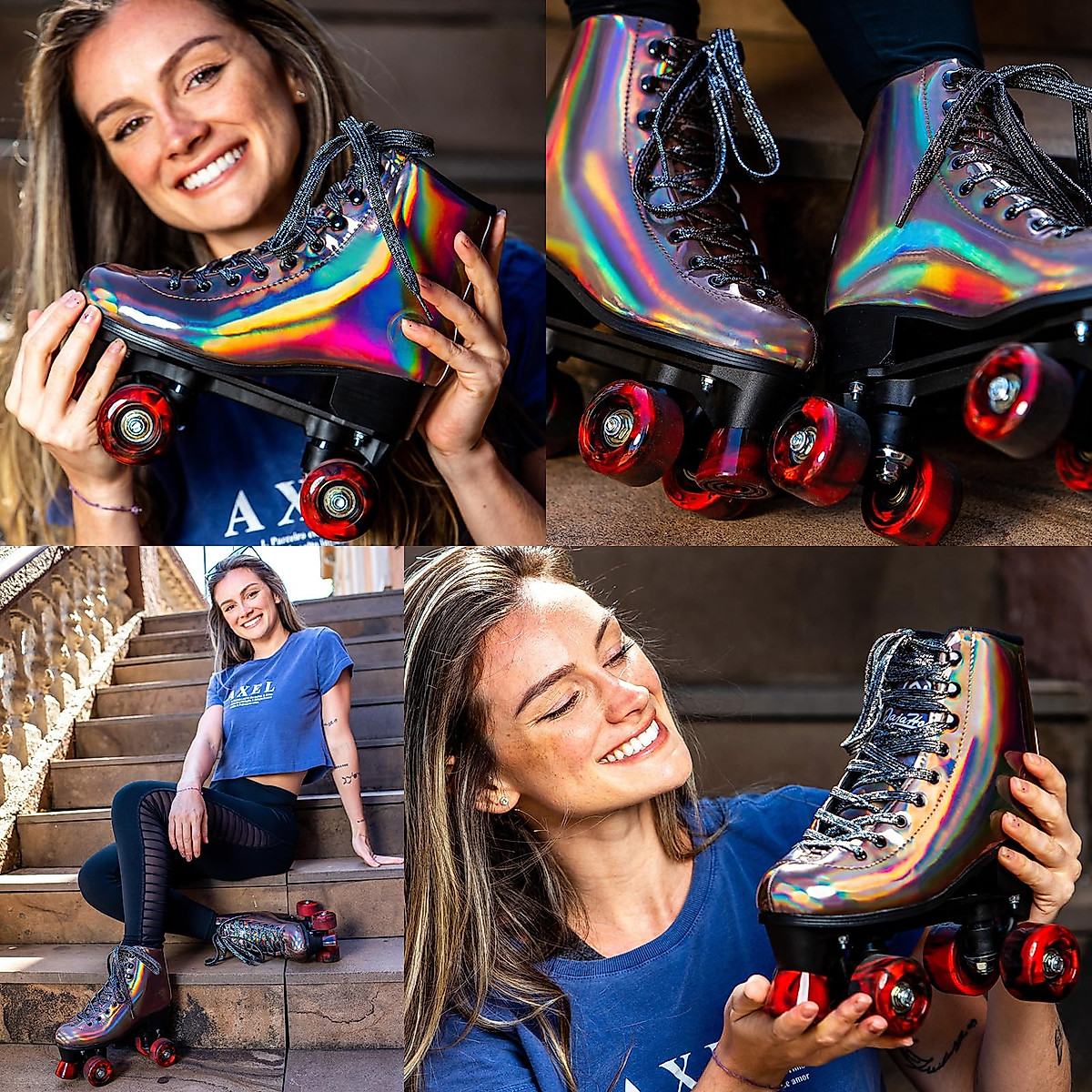 JajaHoho Roller Skates for Women and Men, Holographic High Top Classic Rollerskates, Shiny Double-Row Four Wheels Quad Skates for Girls, Age 8-50 Indoor & Outdoor (Size 6, Golden Black)